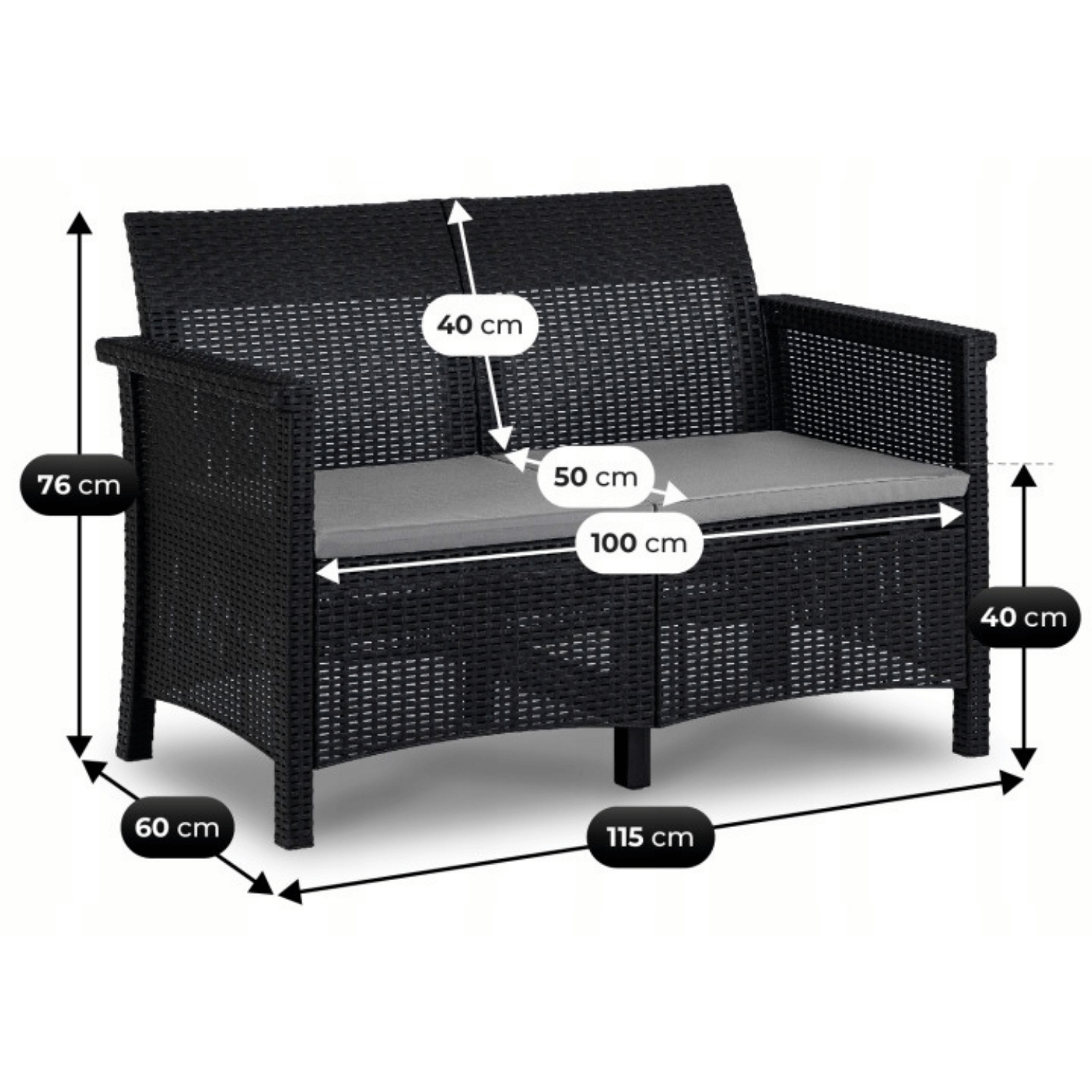 Zestaw Mebli Ogrodowych BRENTA Czarny/Szary 2xFotel Sofa Stolik ...