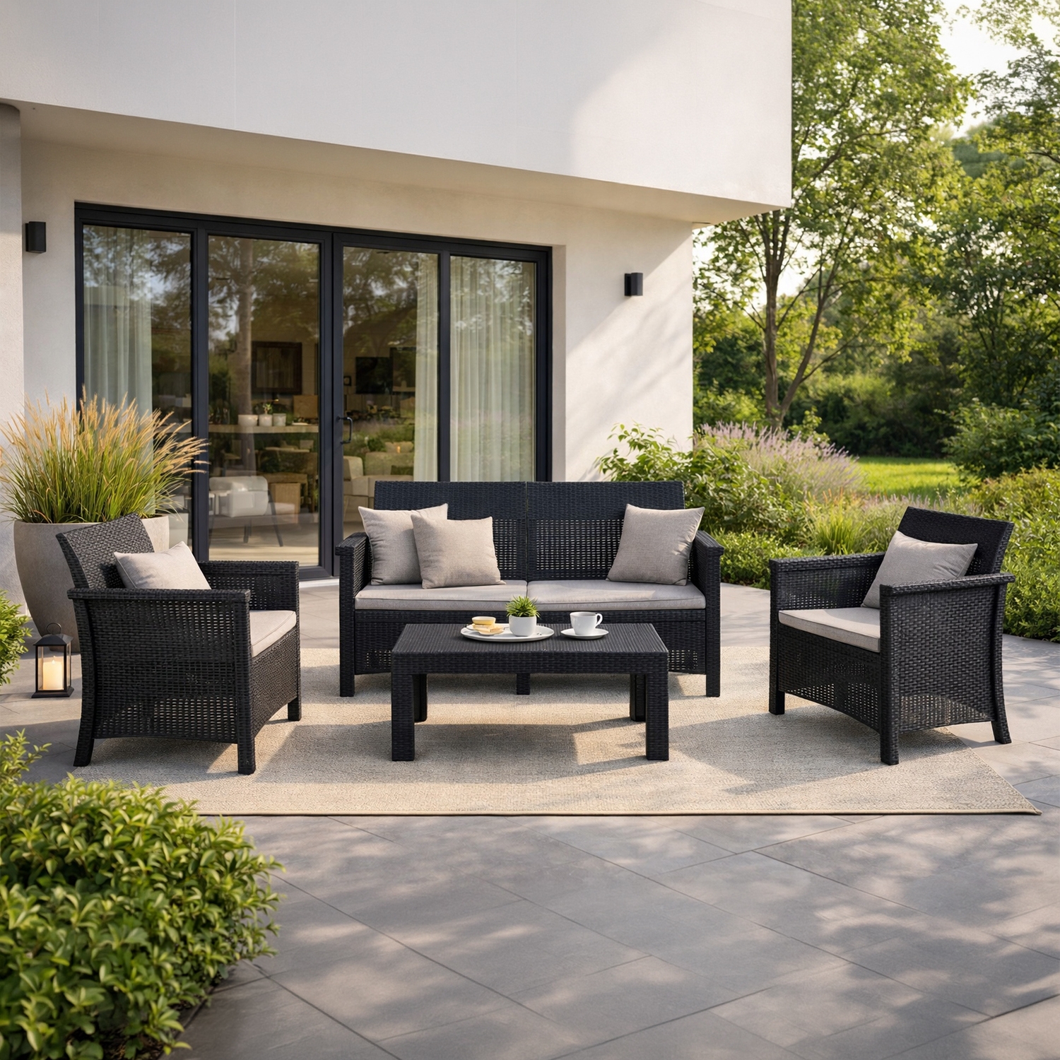 Zestaw Mebli Ogrodowych BRENTA Czarny/Szary 2xFotel Sofa Stolik ...